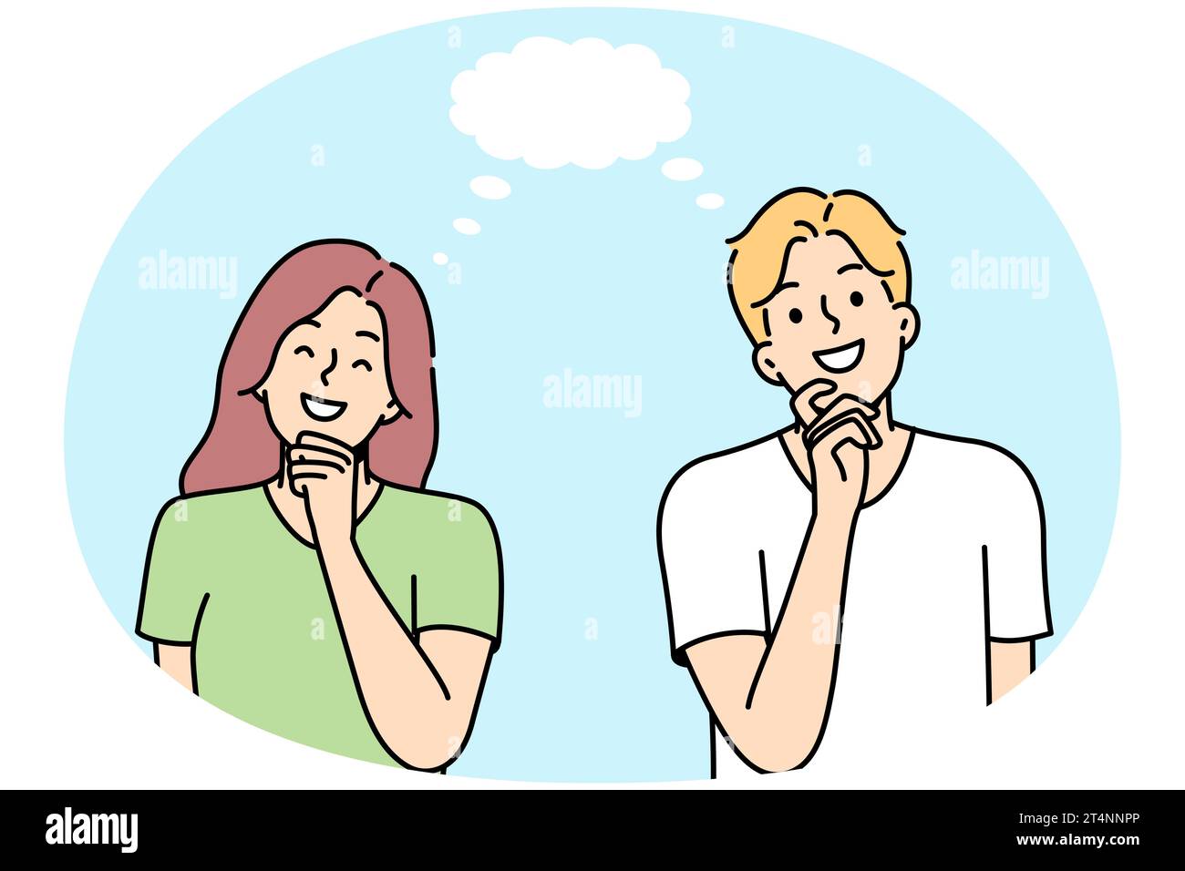 Girl, boy smile, think about something nice together. Empty speech ...