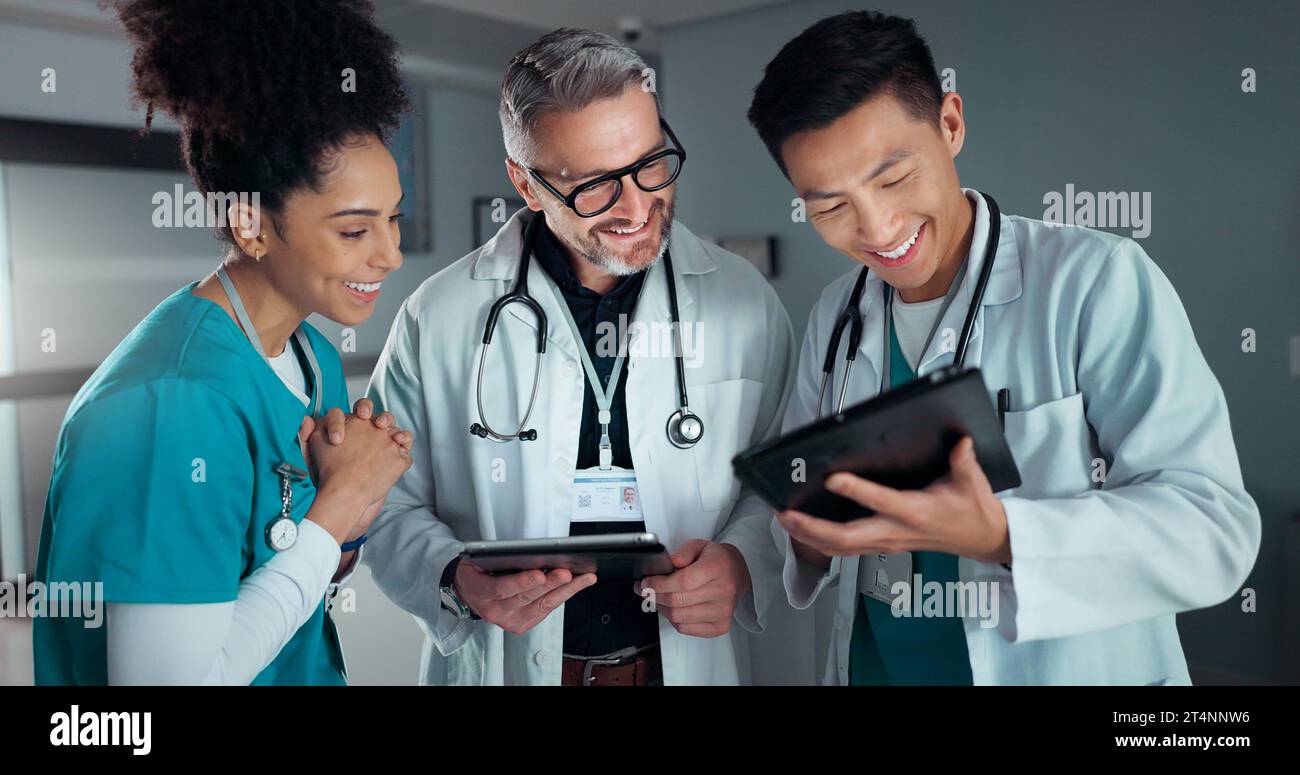 Doctors, nurses and tablet with healthcare success, applause and ...