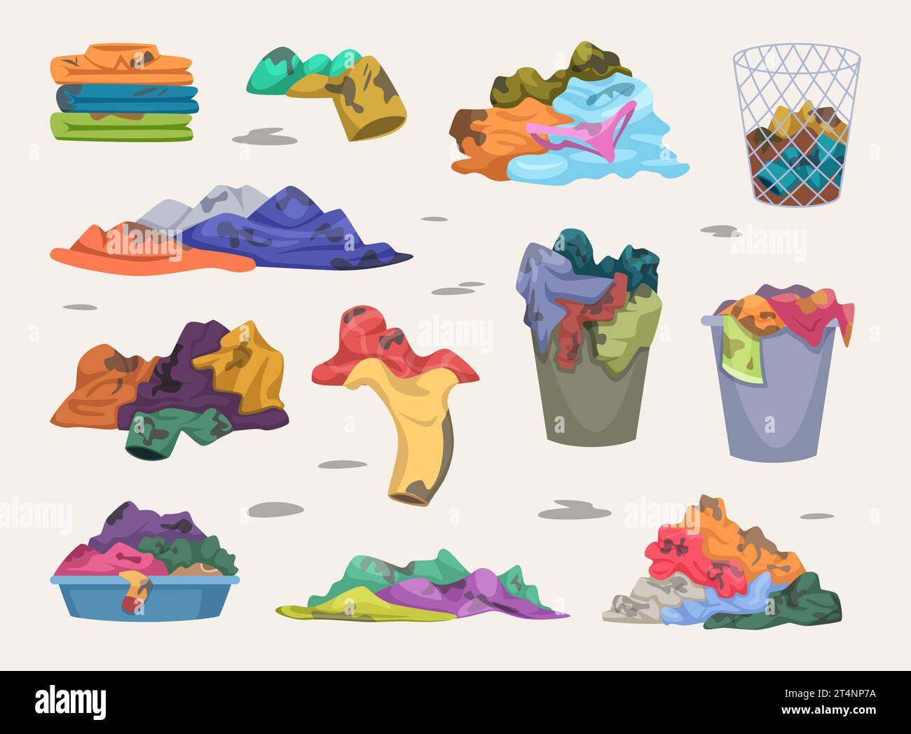 Messy clothes. Dirty wardrobe items in different piles exact vector ...