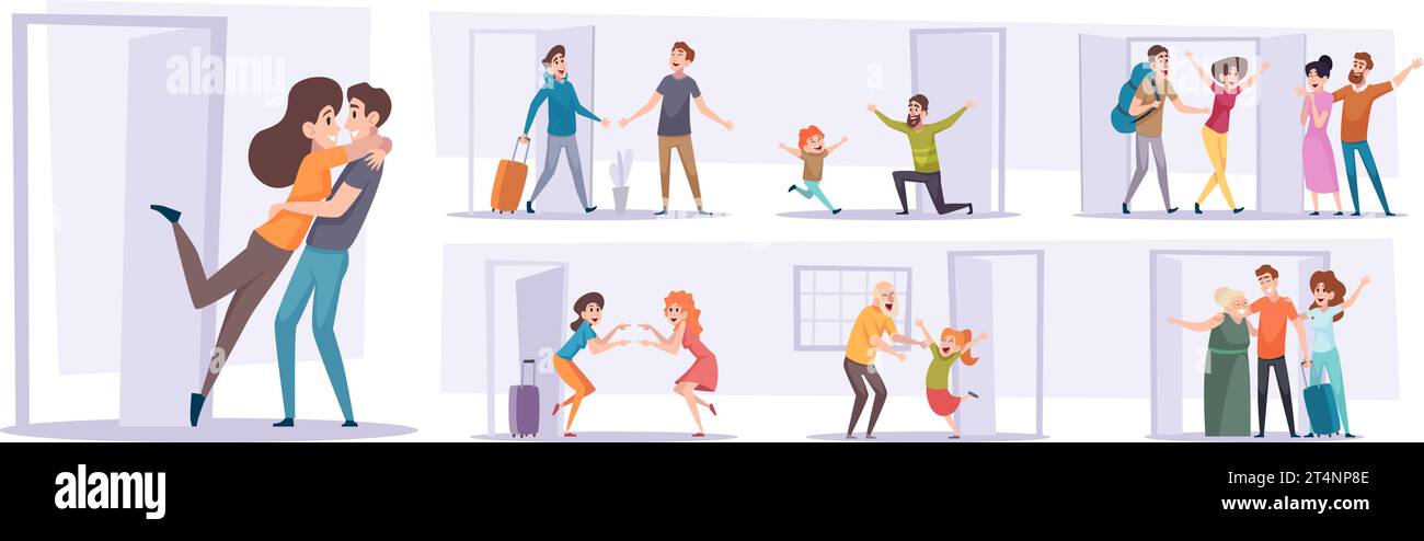 Come back home. Friends and family returning at home exact vector ...