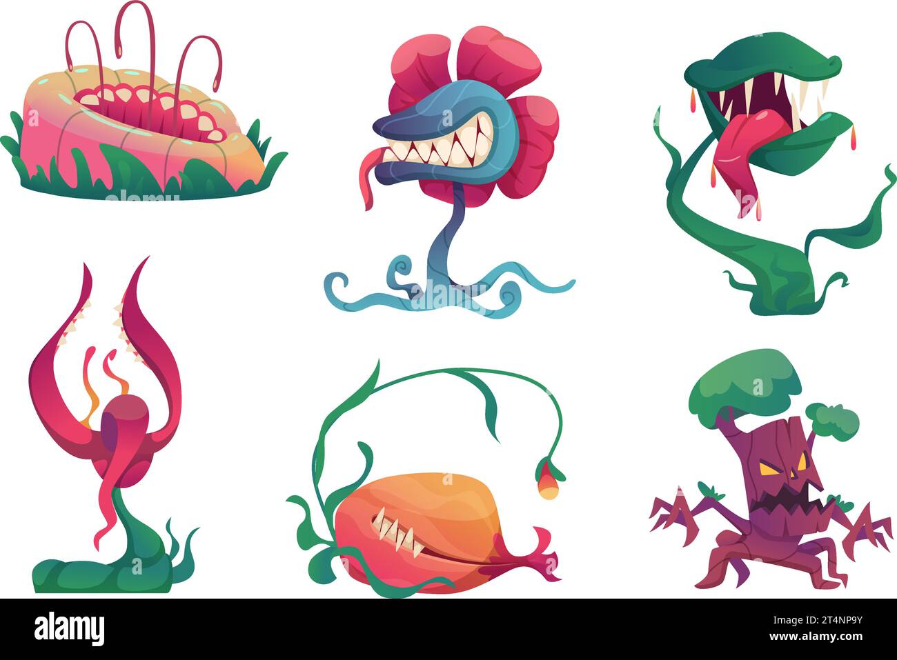 Monster plants. Fantasy scary plants with big mouth with teeth exact ...