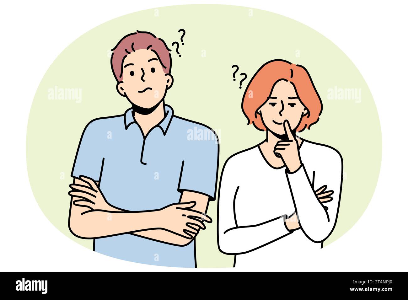 Young woman, man stand side by side in disbelief. Guy, girl do not ...