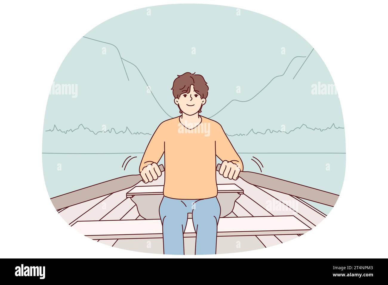 Young man rowing in boat relax on vacation in mountains. Smiling guy ...