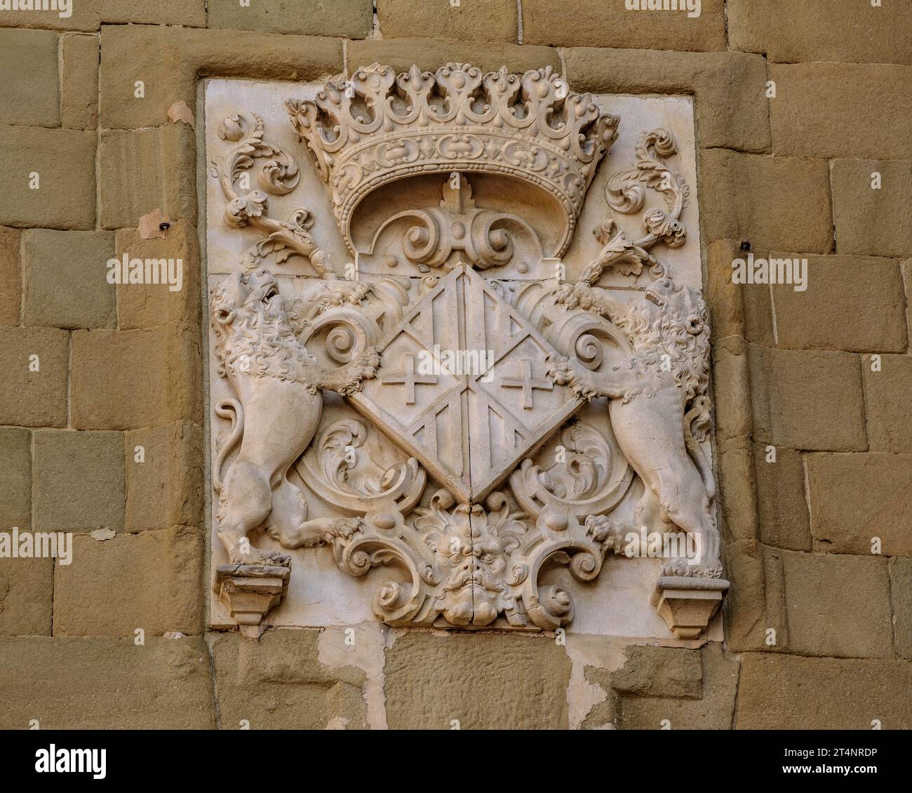 Coat of arms of the city of Vic on the facade of the Vic town hall ...