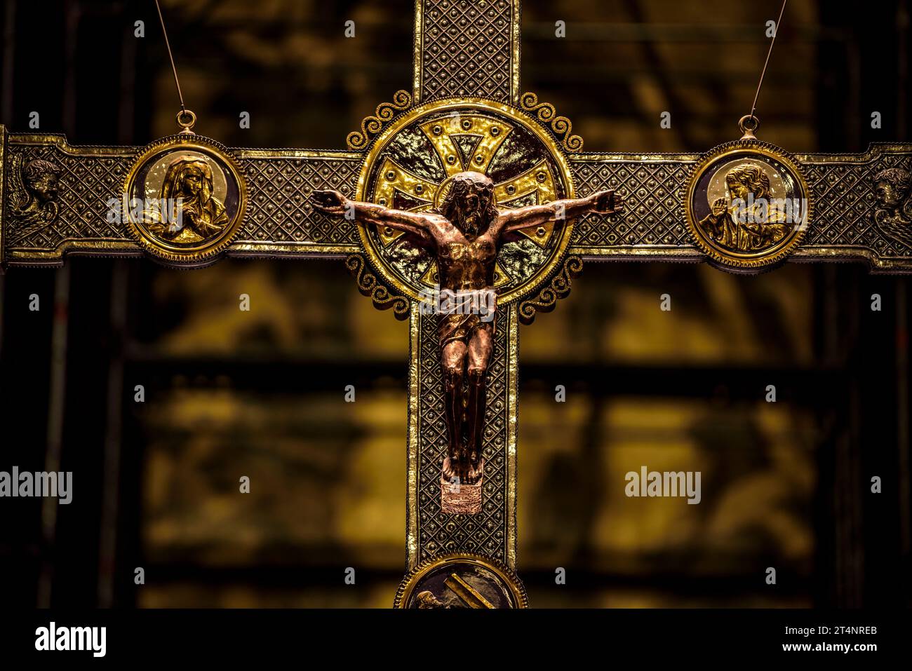 Crucifix of Christ on the altar of the cathedral of Saint Peter of Vic ...