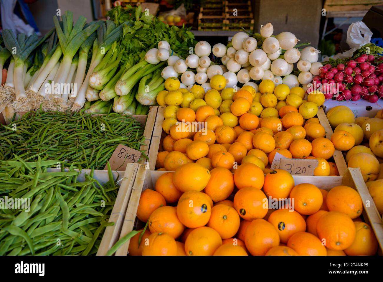 Detail of a fruits and vegetables stall at the weekly market in the ...
