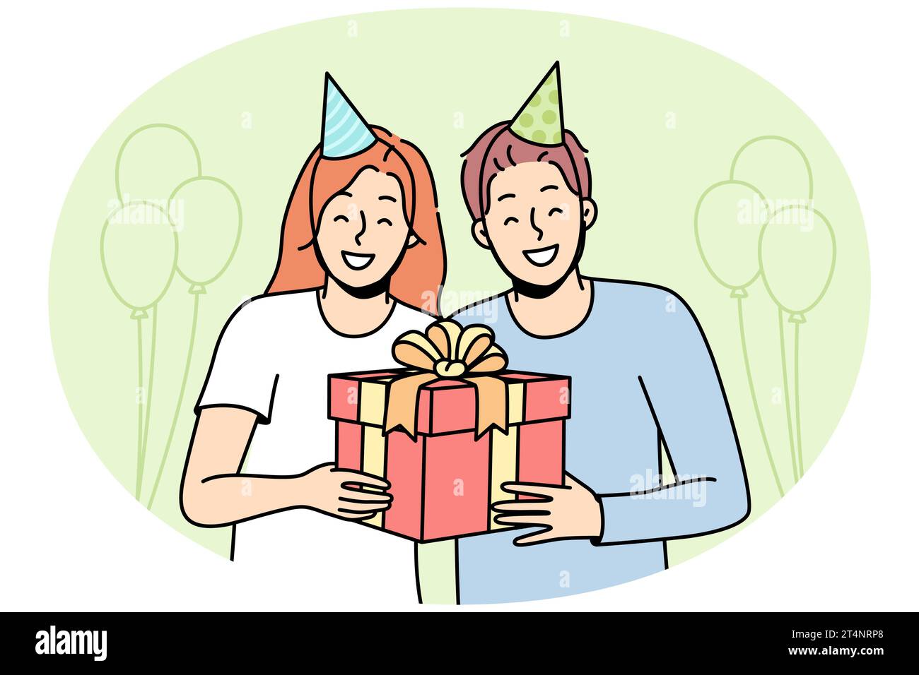 Guy, girl in party hats are smiling, holding gift box tied with ribbon ...