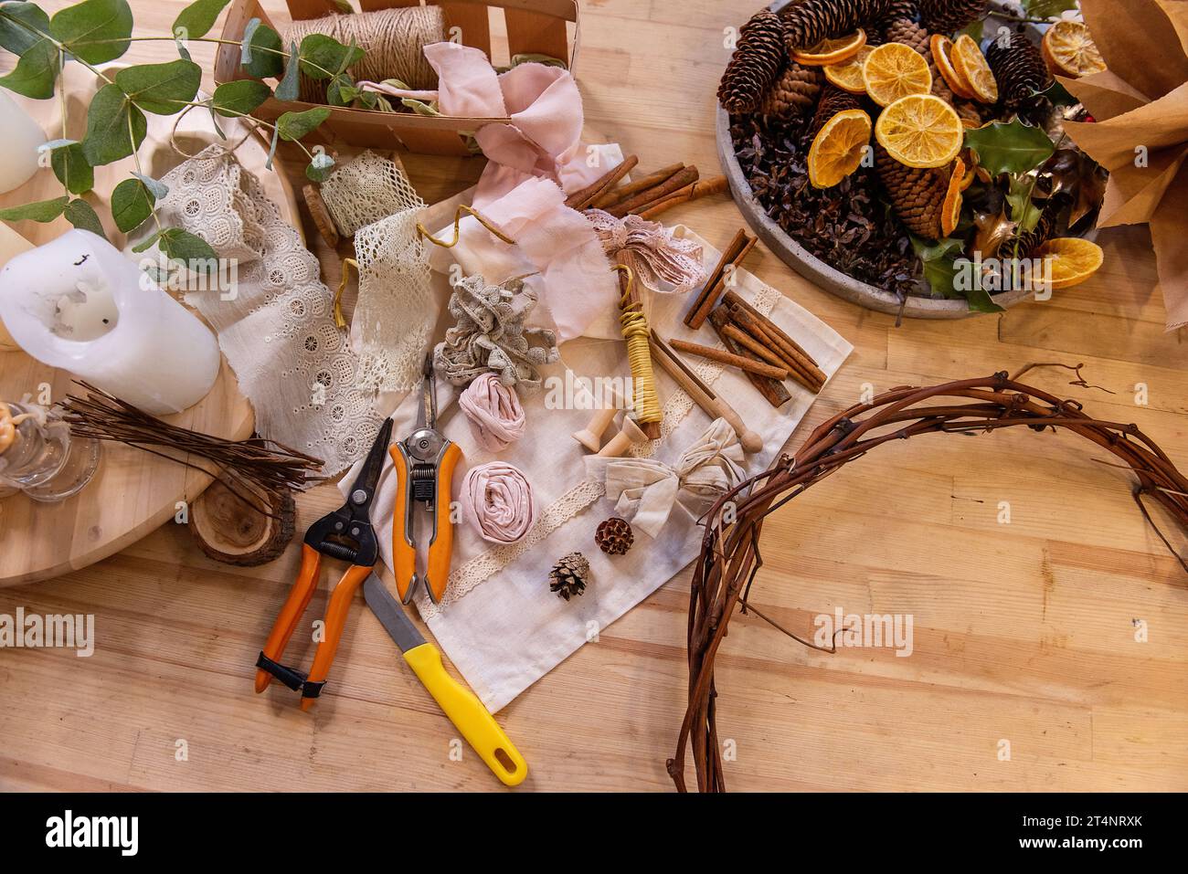 Master class, instructions, DIY how to make Christmas wreath for Advent. On wooden table: fir ...