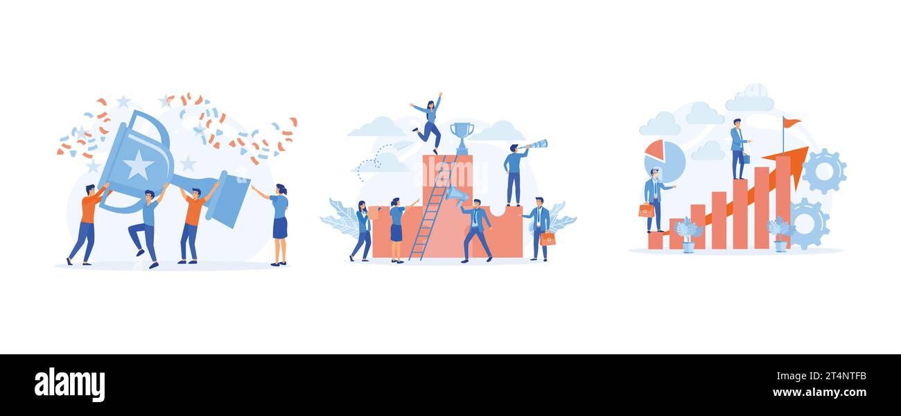 Success team concept, people celebrate success achievement, cooperation and partnership, set ...