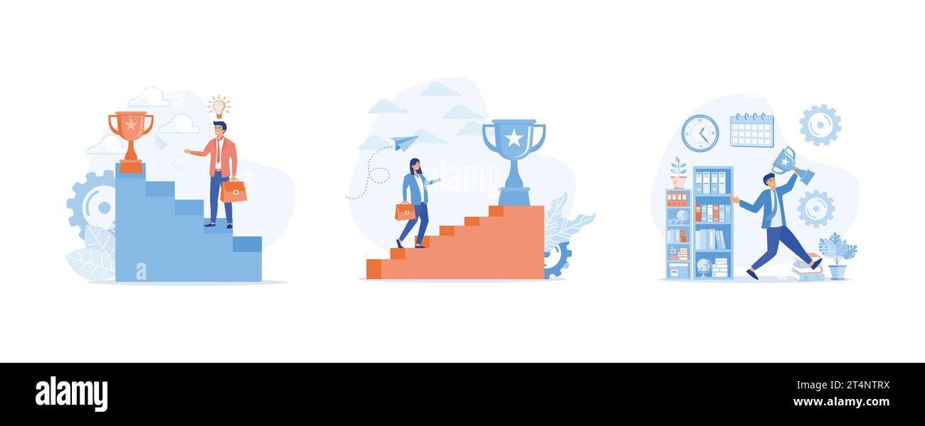 Business people holding trophy cup standing on the stair. Success and ...