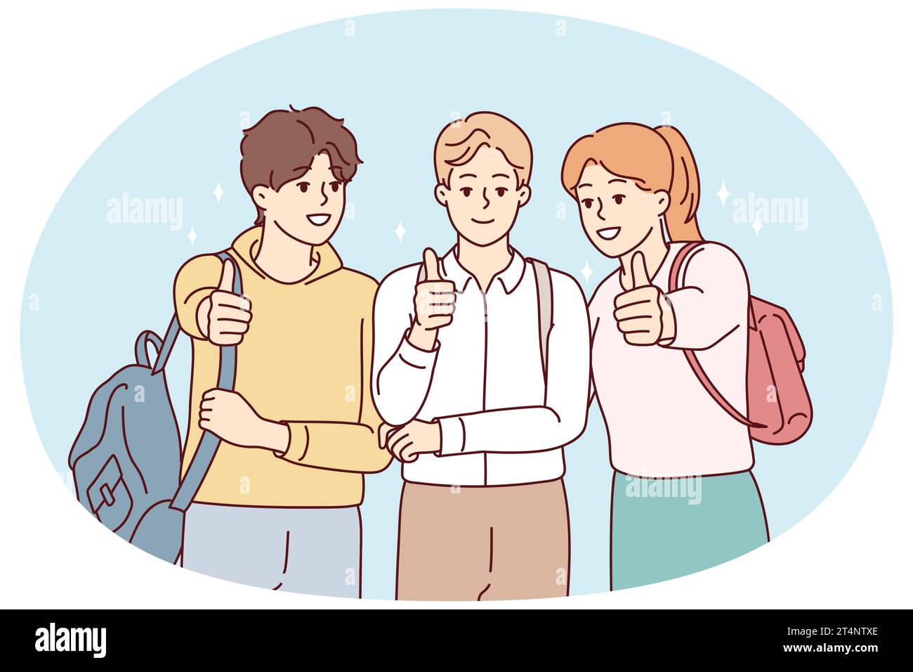 Portrait of happy students with backpack posing together showing thumbs ...