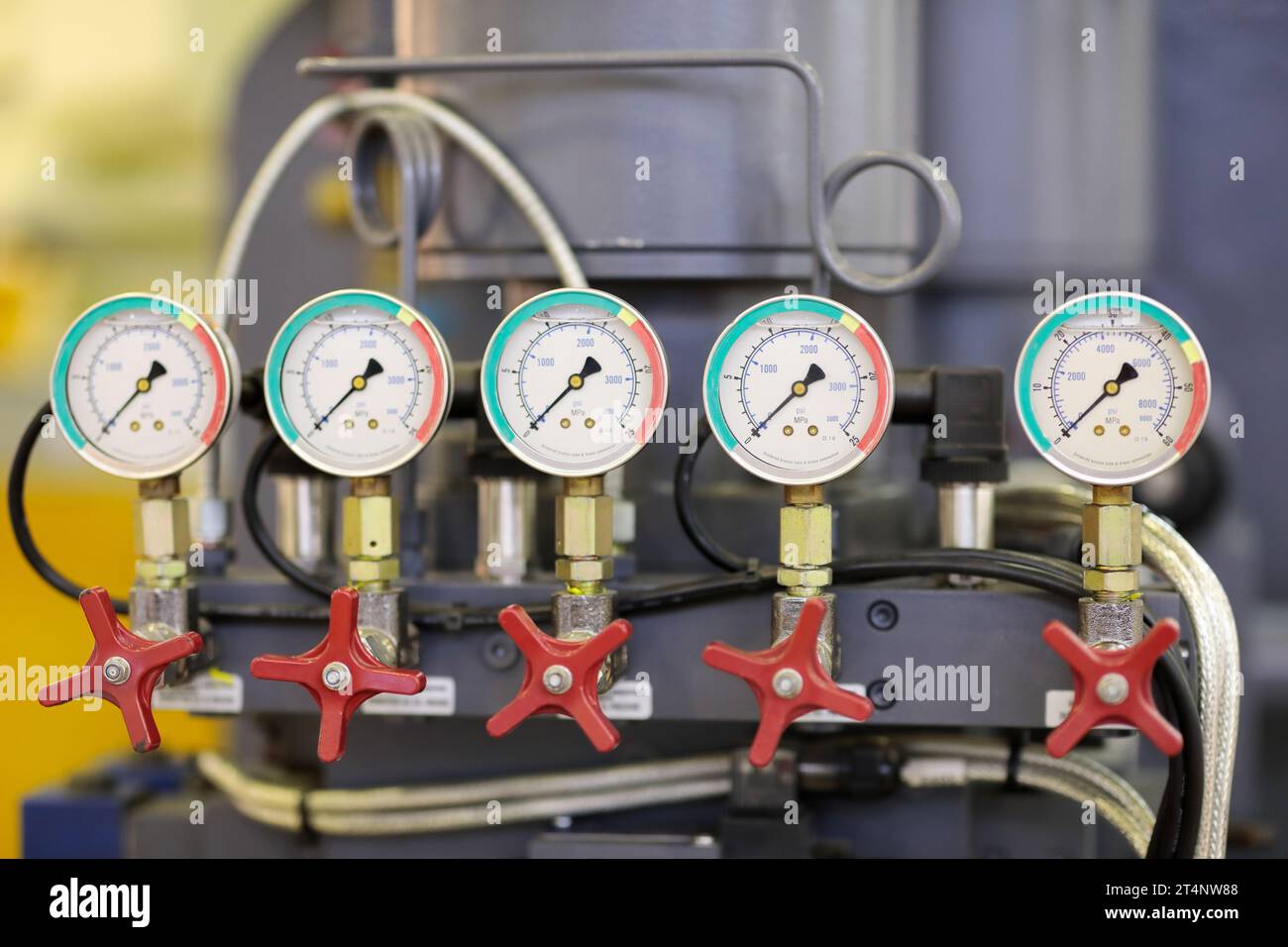 Closeup of industrial machine with pressure gauges. Pneumatic control ...