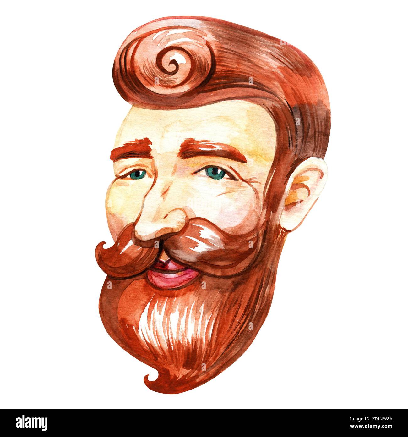 Hand-drawn watercolor smiling Irish man with a red beard in a green hat ...