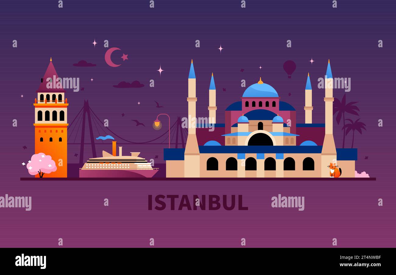Night views of Istanbul - modern colored vector illustration Stock ...