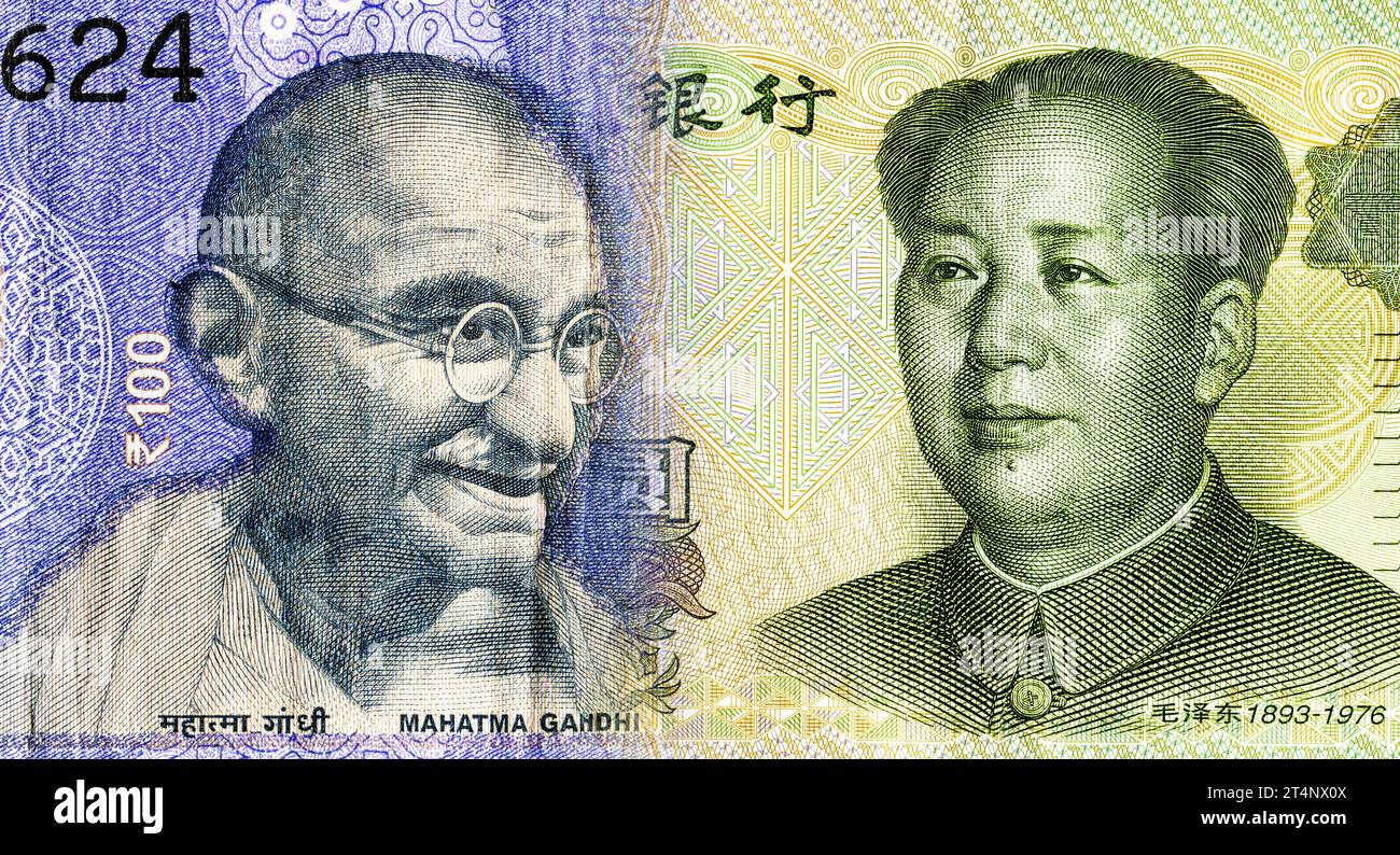 Portraits of Mahatma Gandhi on Indian rupees and Mao Zedong on chinese ...
