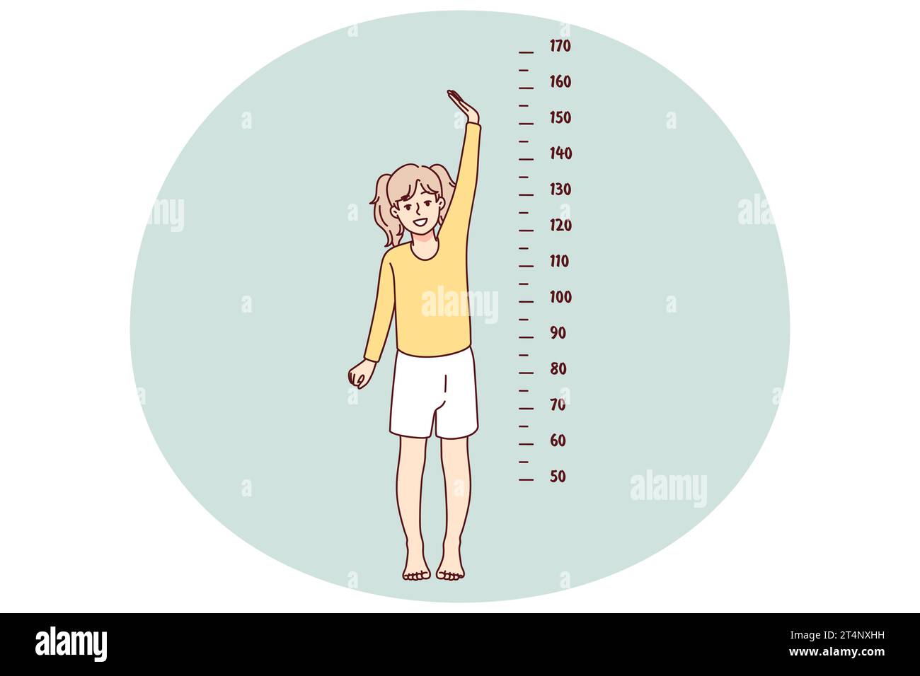 Small girl child show height standing near measuring tape on wall ...