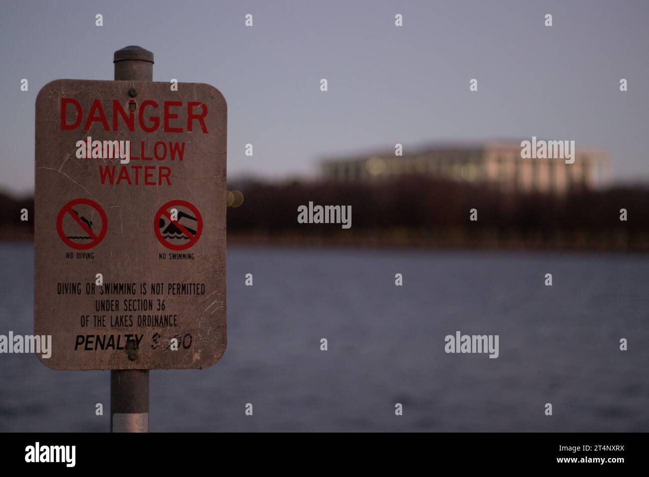 Danger sign at Lake Burley Griffin, Canberra, in front of the ...