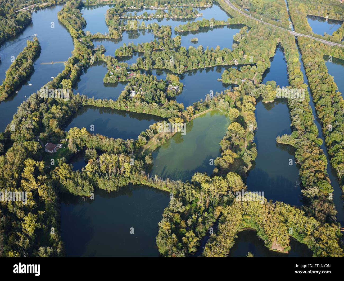 AERIAL VIEW. Old quarries turned into ponds. Étangs d'Outre-Moselle ...