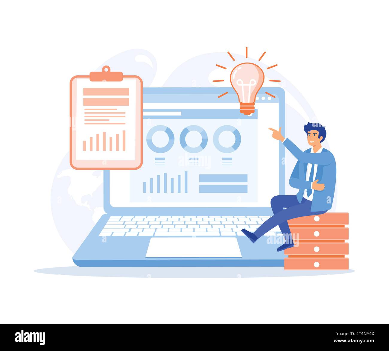 Business intelligence concept, businessman sit on a coin with various ...