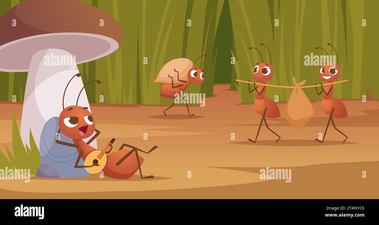 Ants. Cartoon background with ants bugs outdoor exact vector funny ...