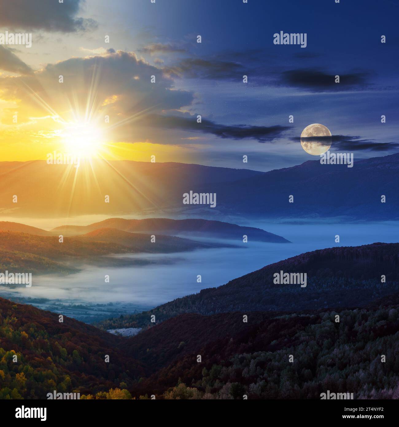 cold fog in the valley with sun and moon at twilight. day and night ...