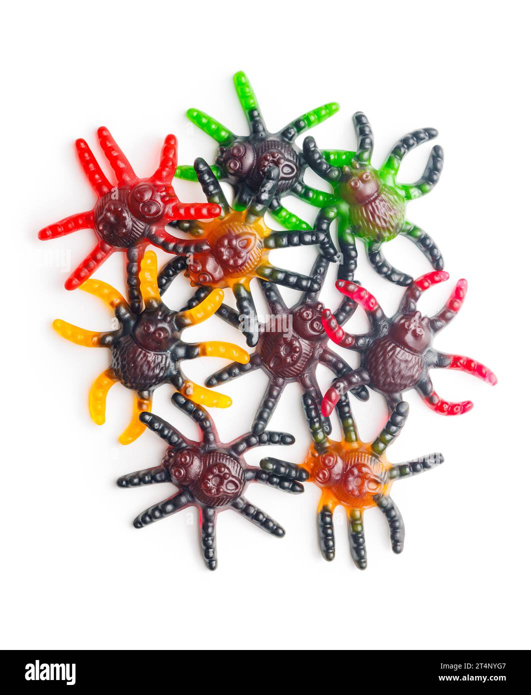 Scary sweet jelly spiders. Halloween candies isolated on the white ...