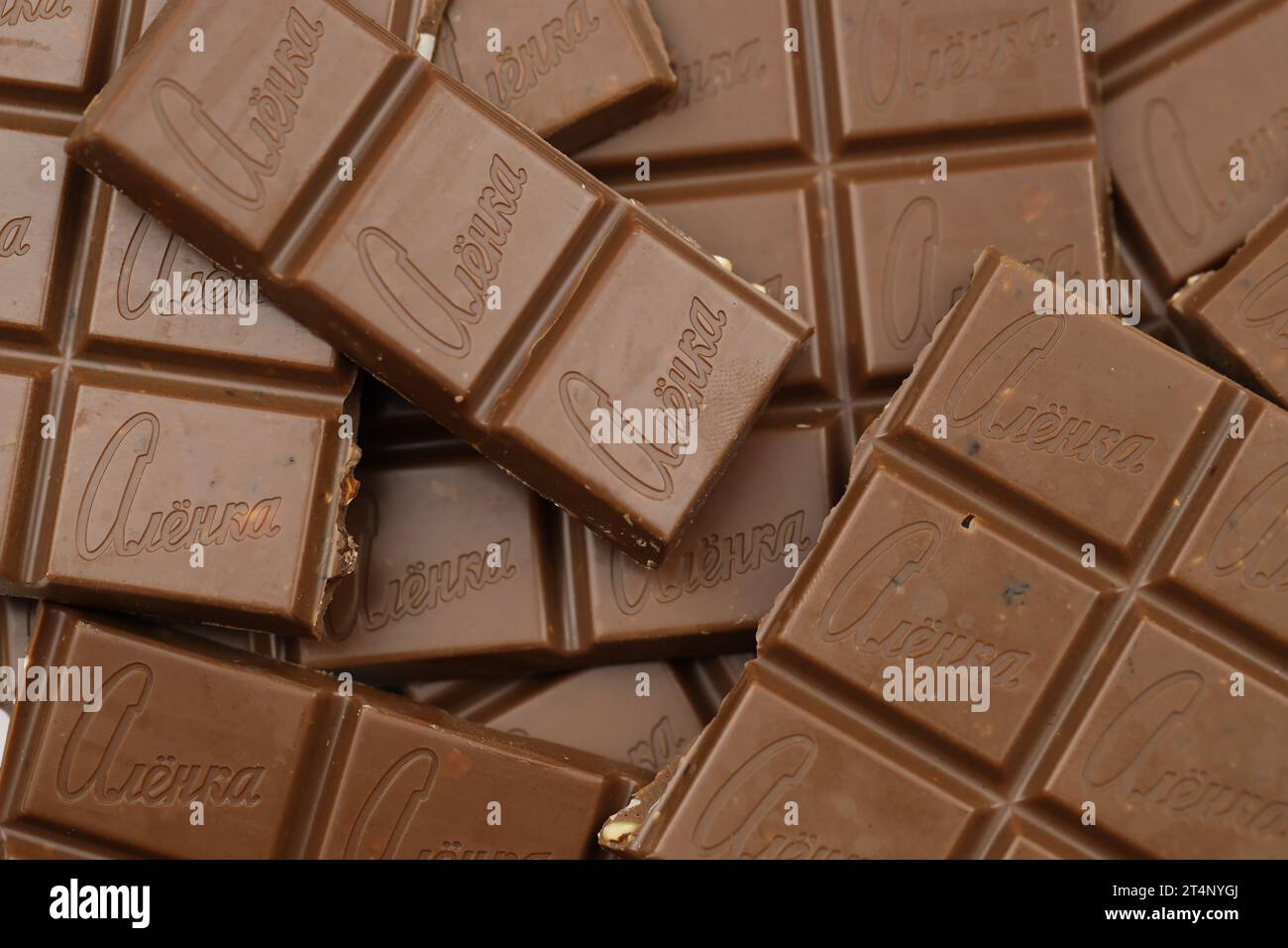 KHARKIV, UKRAINE - JANUARY 27, 2021 Alyonka chocolate square bars ...