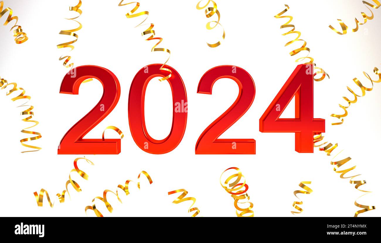 Gold 2024 3D text with confetti isolated on white background 3D render ...