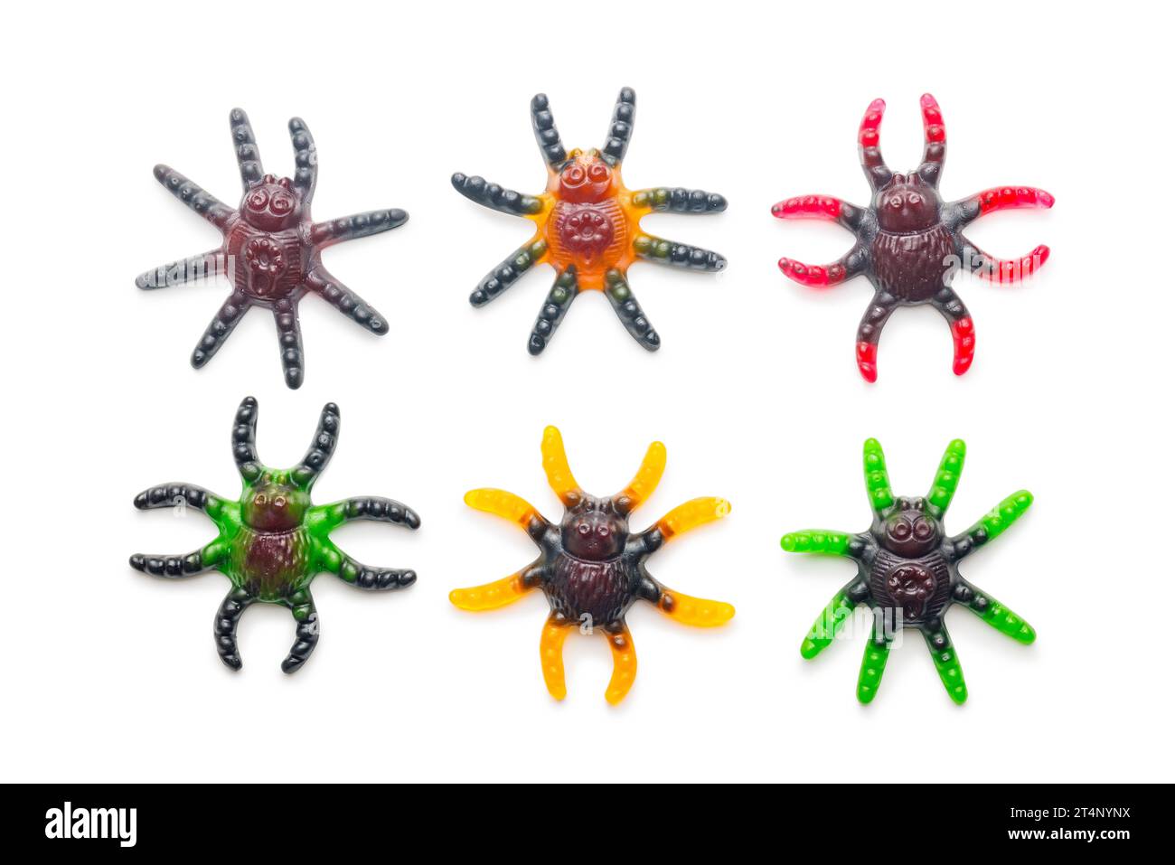 Scary sweet jelly spiders. Halloween candies isolated on the white ...