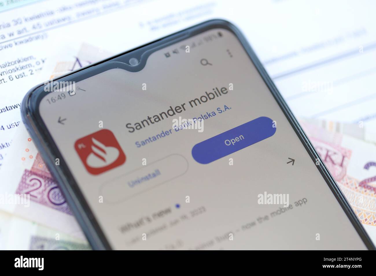 TERNOPIL, UKRAINE - AUGUST 3, 2023 Santander bank application on screen ...