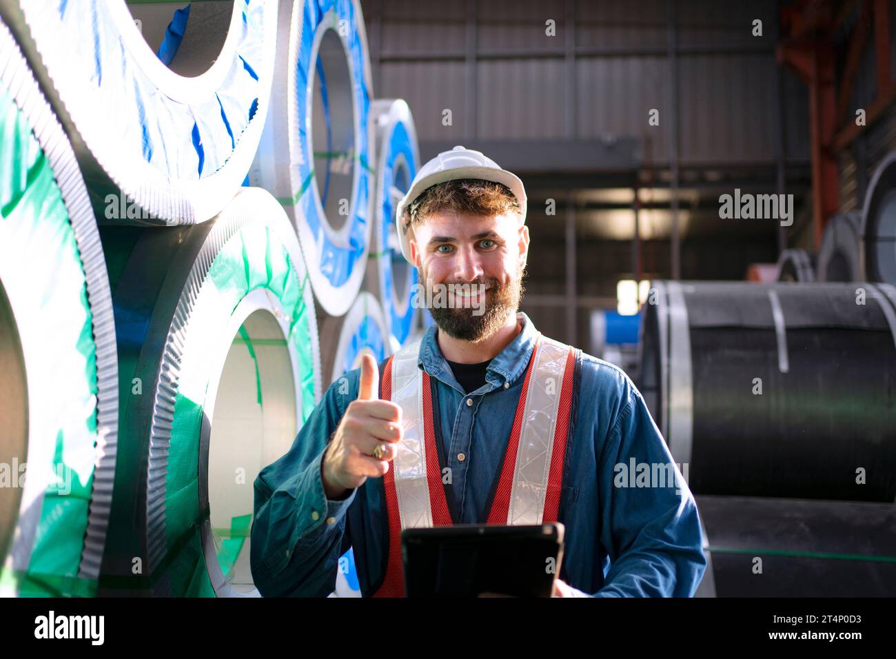 Blue collar worker work at metal sheet factory. Blue collar worker and ...
