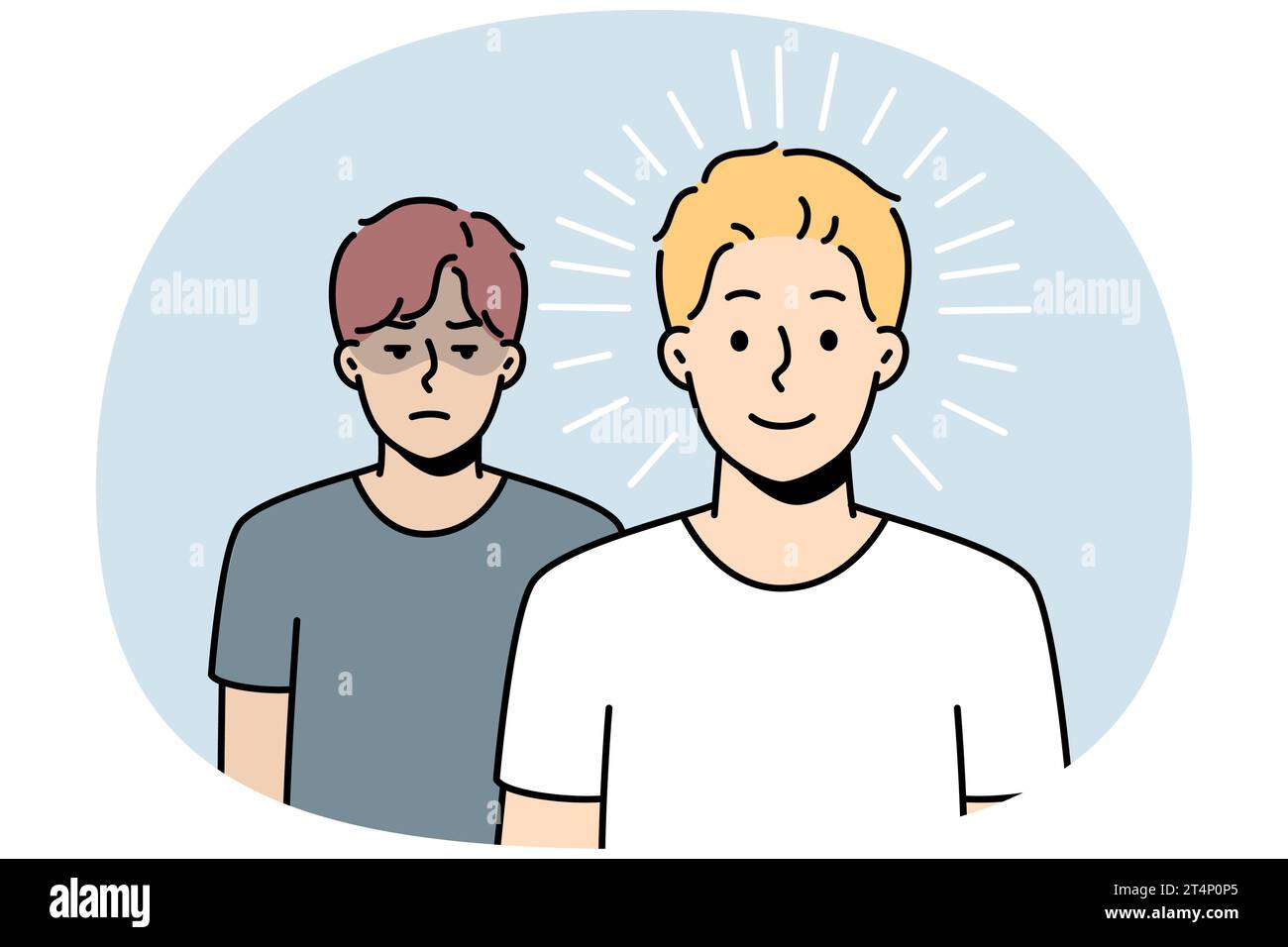 Happy guy stands in front of sad one. Gloomy man is after joyful one ...