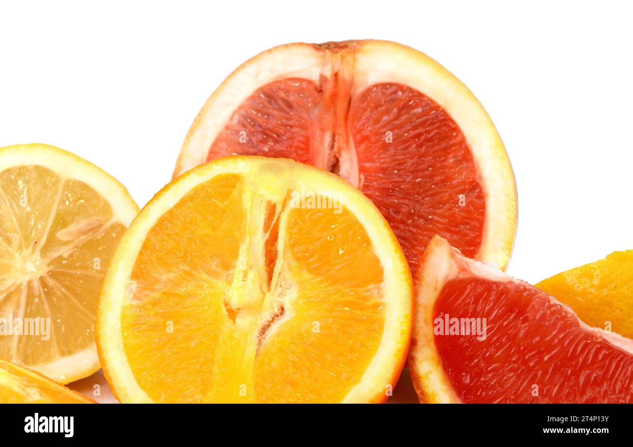 Fresh juicy citrus fruits isolated on white background Stock Photo - Alamy