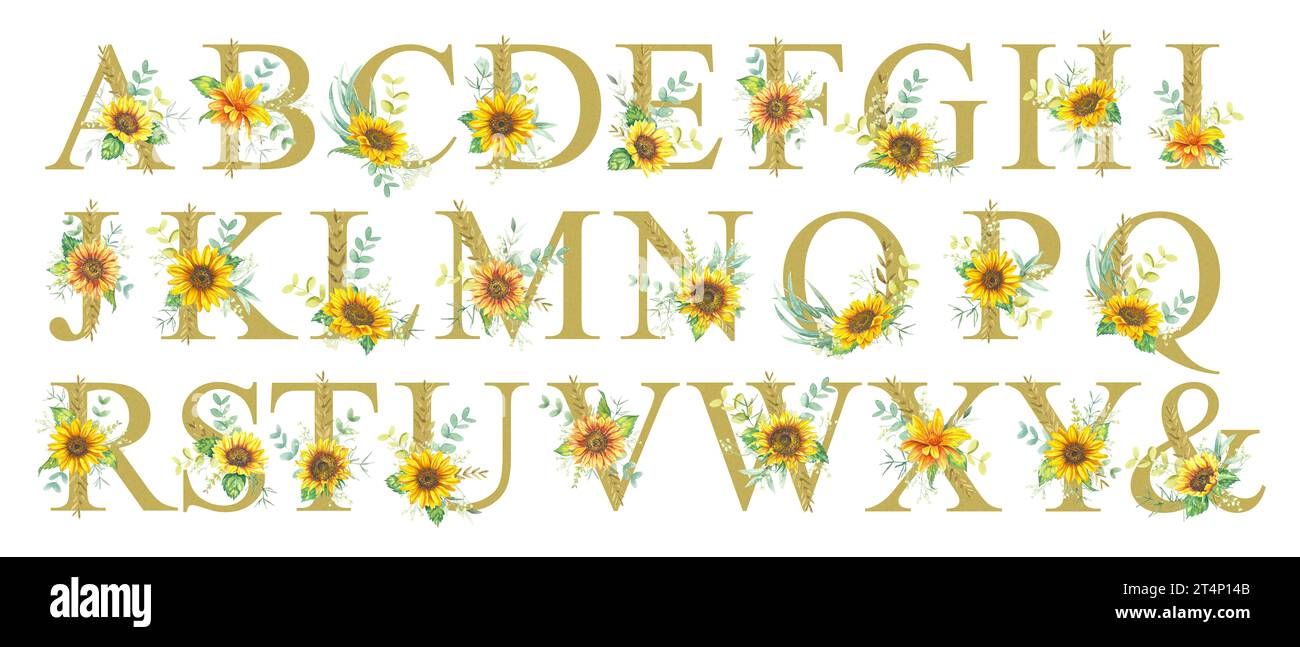 Floral alphabets set - letters. The alphabet letters are a muted gold ...