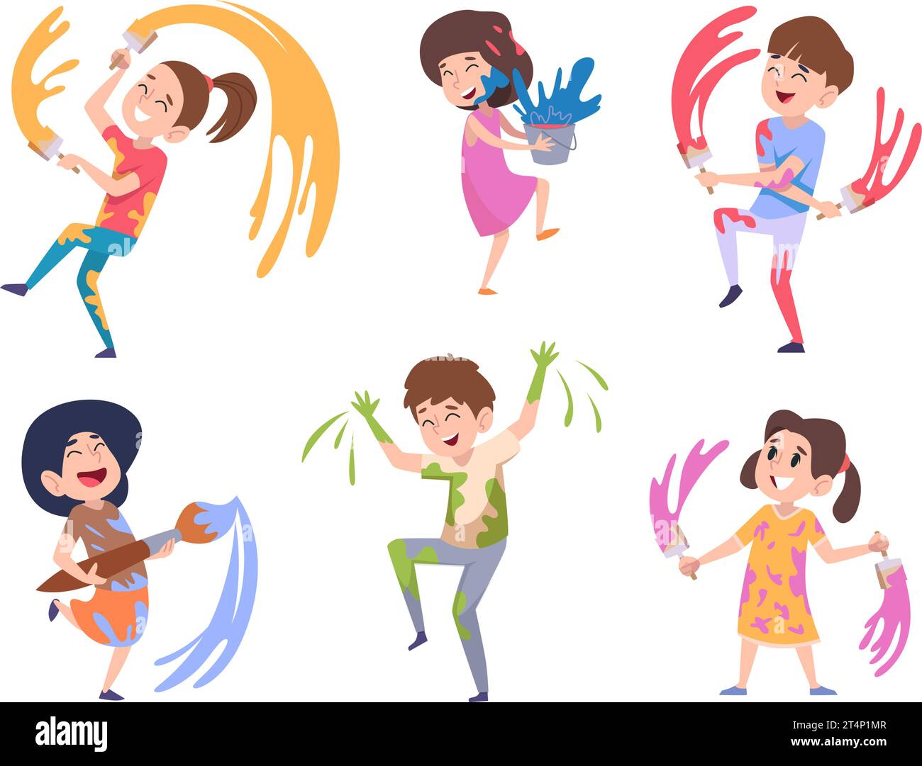 Kids in paints. Happy people coloring with brushes making self paints ...