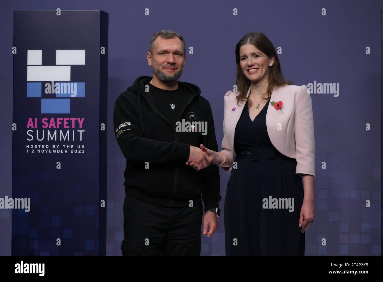 Technology Secretary Michelle Donelan greets Georgii Dubynskyi, Deputy ...