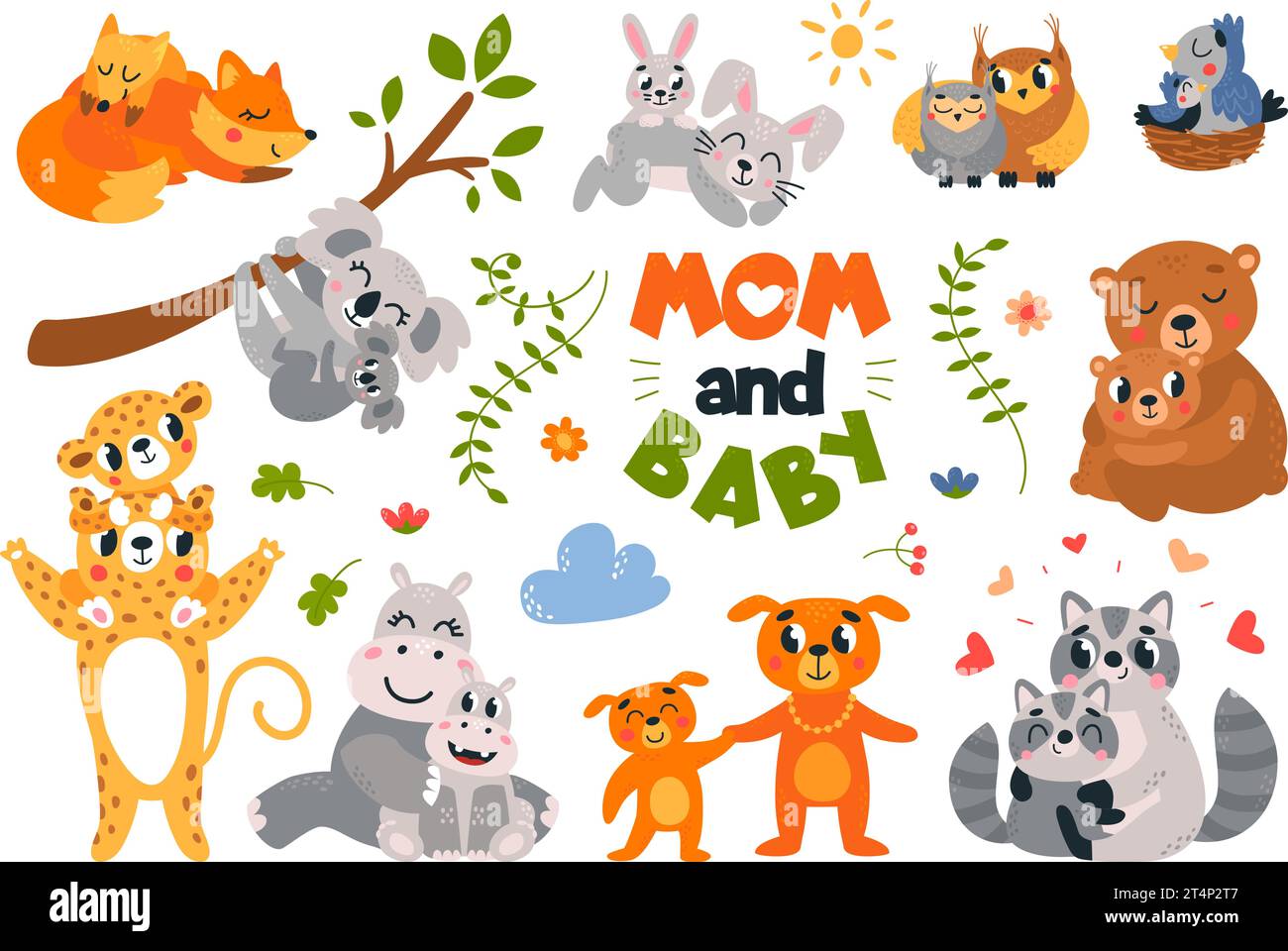 Mother and cubs animals. Cartoon baby animal hugging moms. Koala, hippo ...
