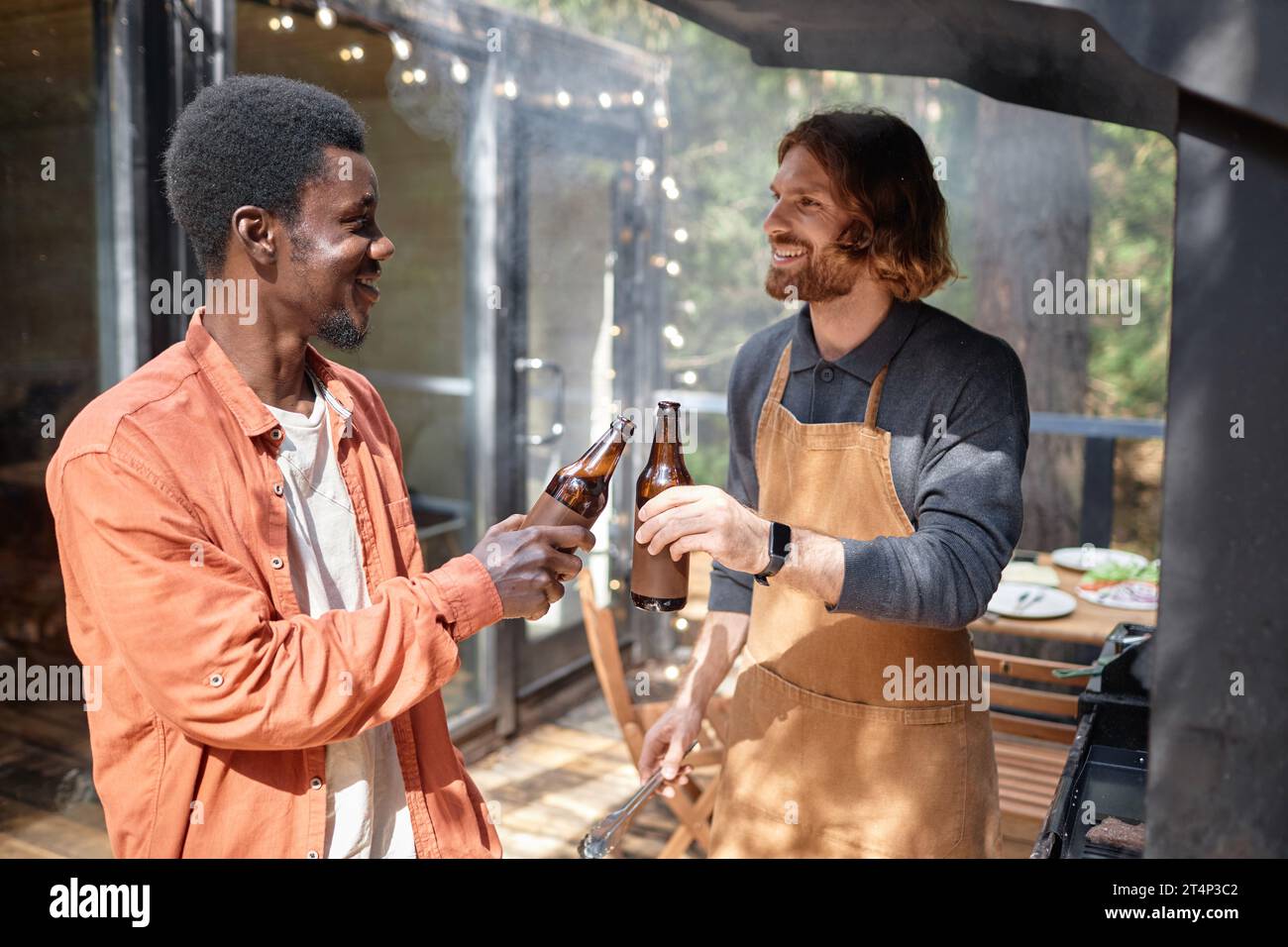 Happy guys toasting with bottles of beer at party outdoors Stock Photo ...