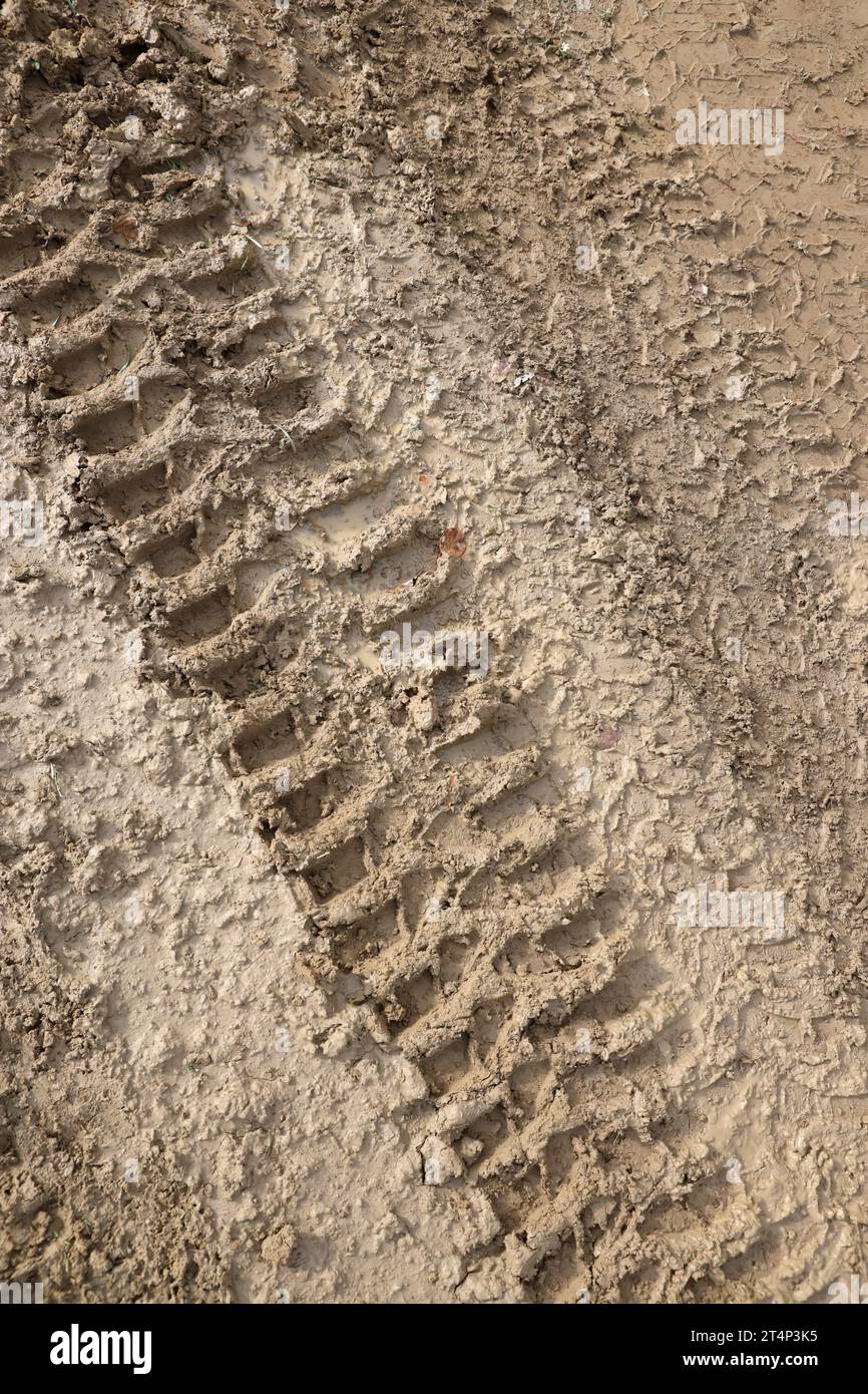 Wheel track on mud. Traces of a tractor or heavy off-road car on brown ...