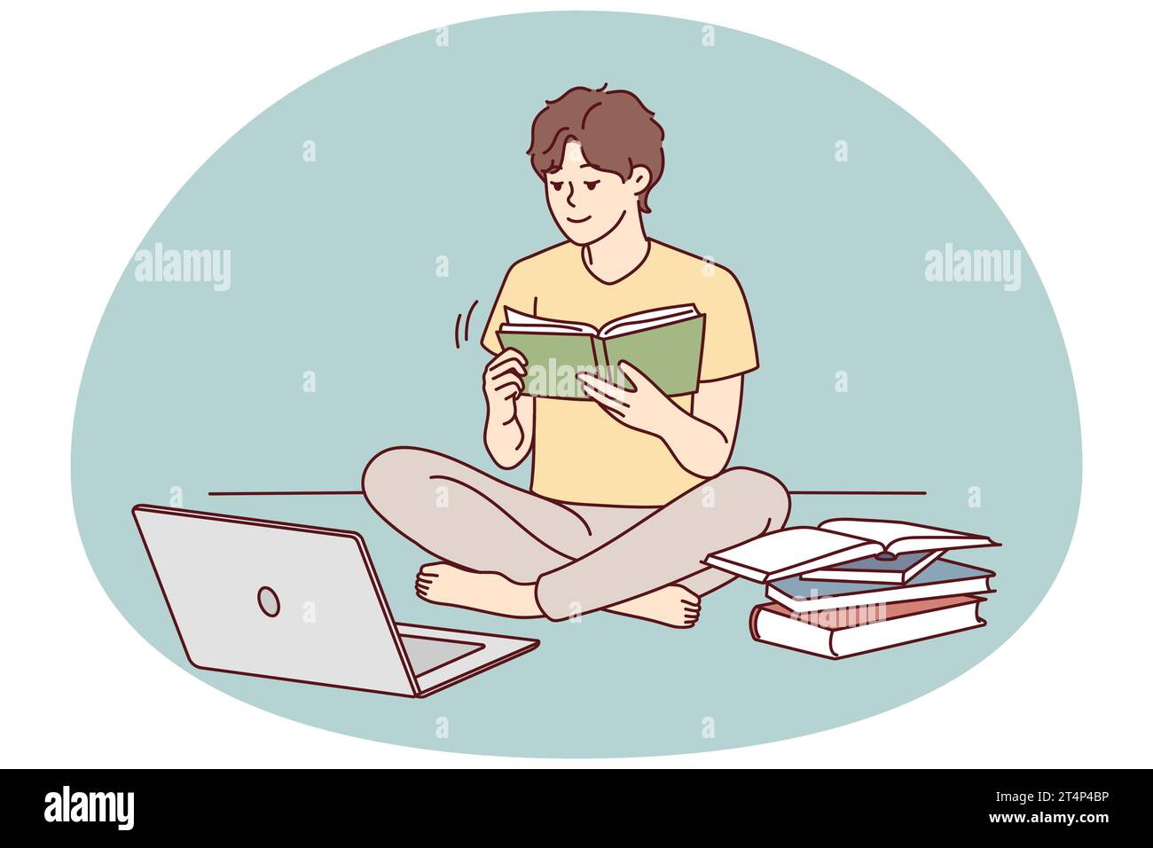 Guy sit on floor study on compute read textbooks prepare for exam ...