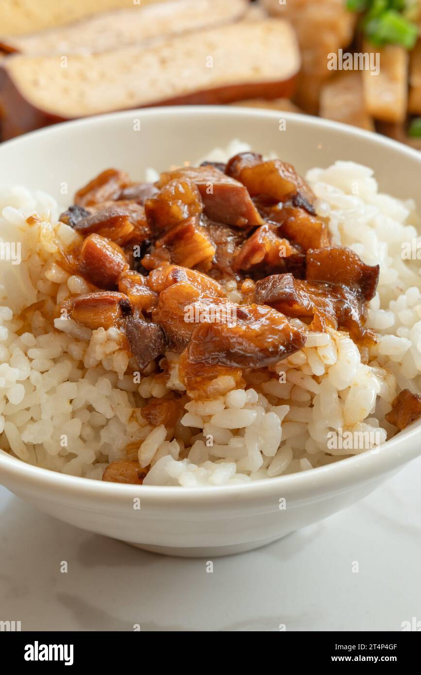 Braised meat rice, stewed pork over cooked rice in Taiwanese restaurant ...