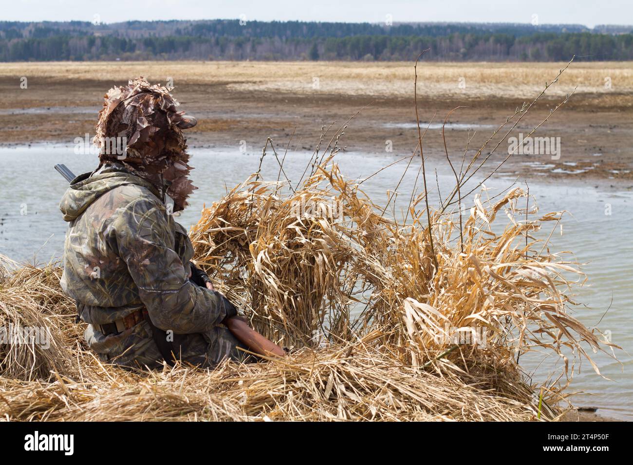 a duck hunter with a shotgun surveys the pond sitting next to a shelter ...