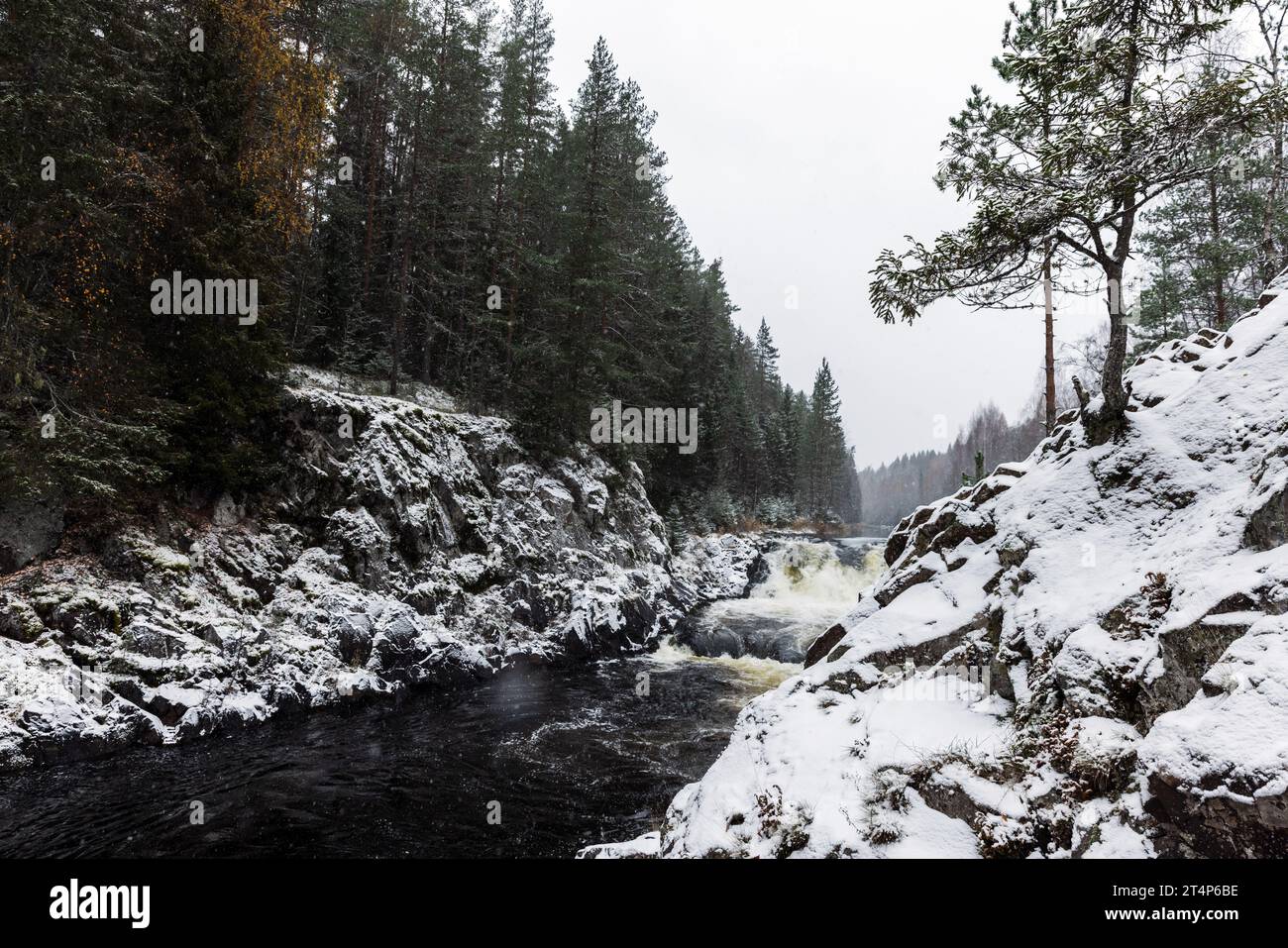 Kivach Falls on a cold cloudy winter day. Landscape with snowy cascade ...