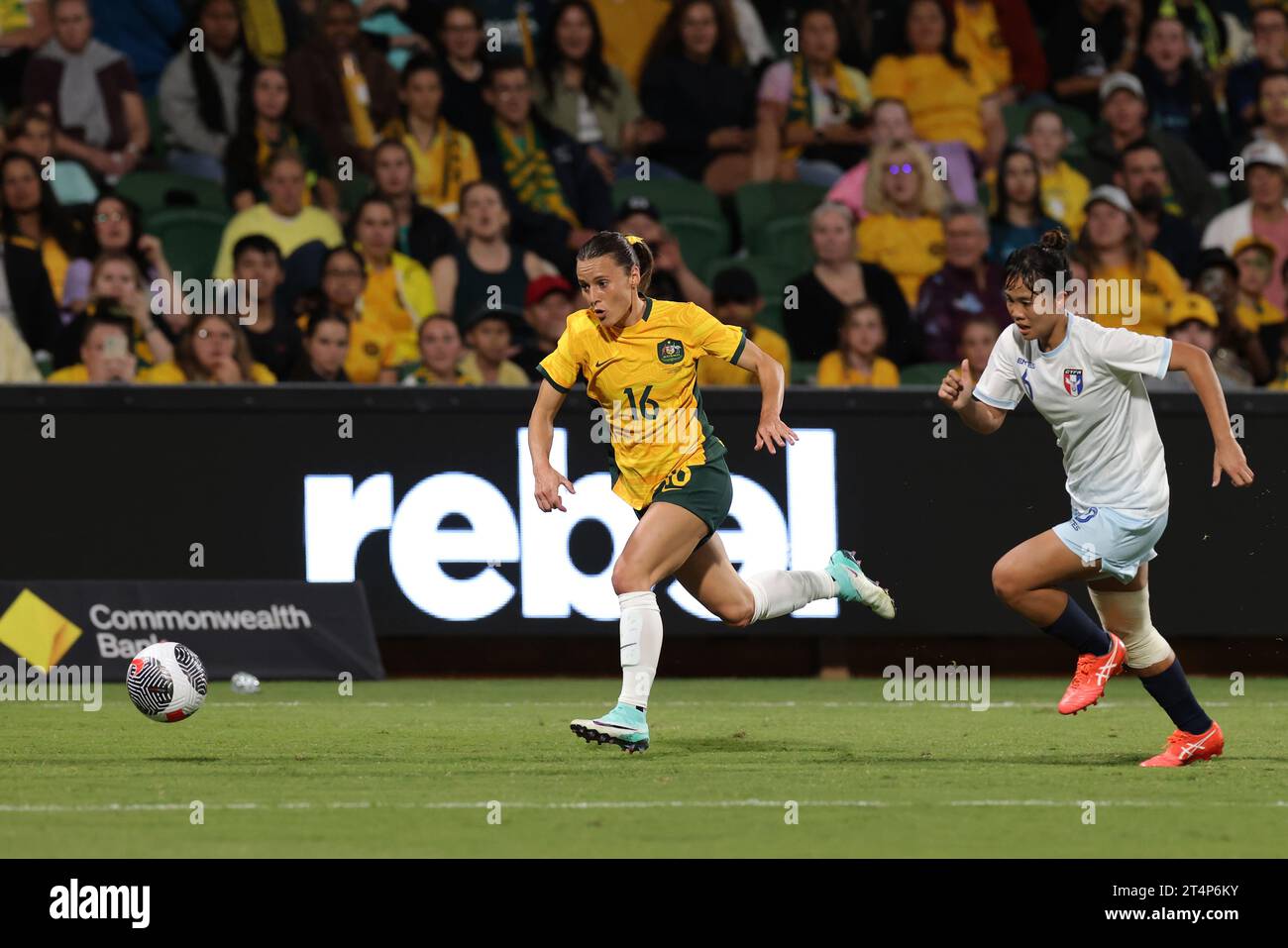 Perth, Australia. 01st Nov, 2023. Hayley Raso of Australia runs the ...