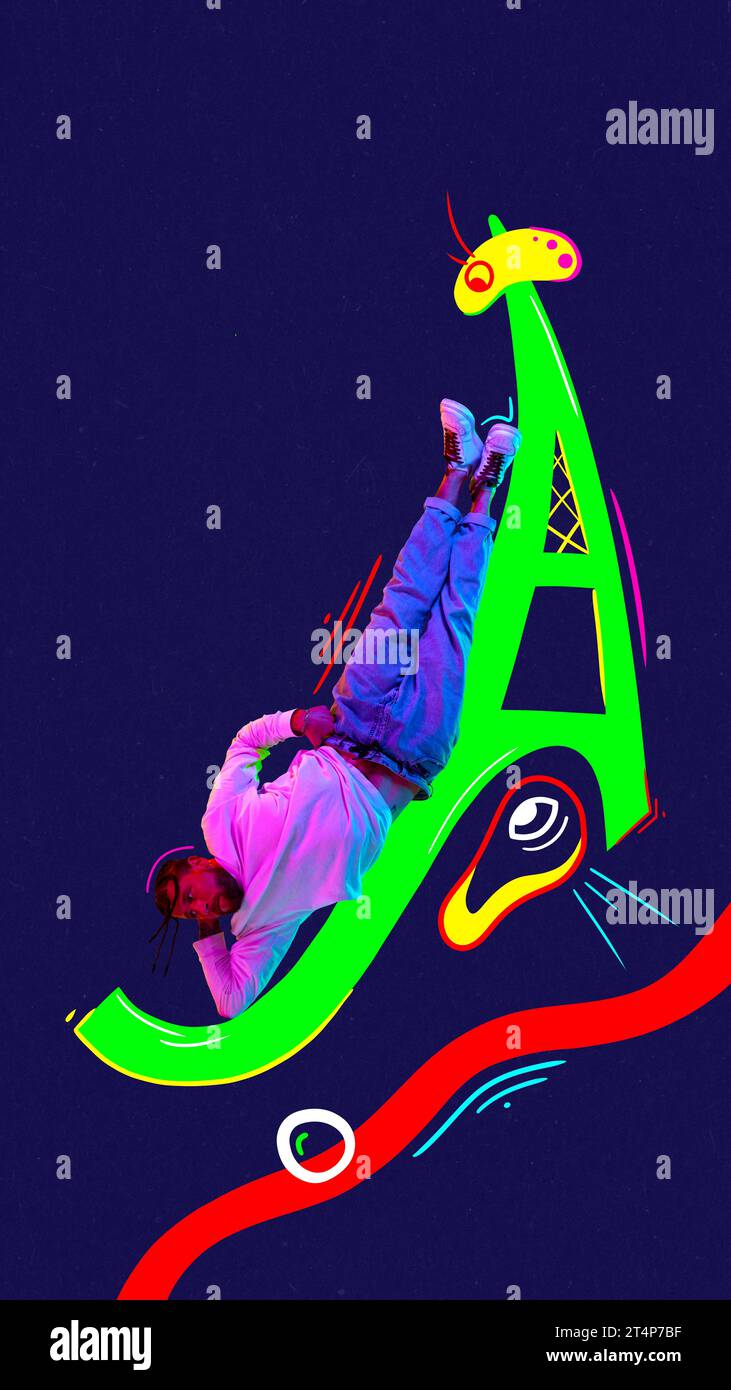 Poster. Contemporary art collage. Energetic man dancer painted in neon ...