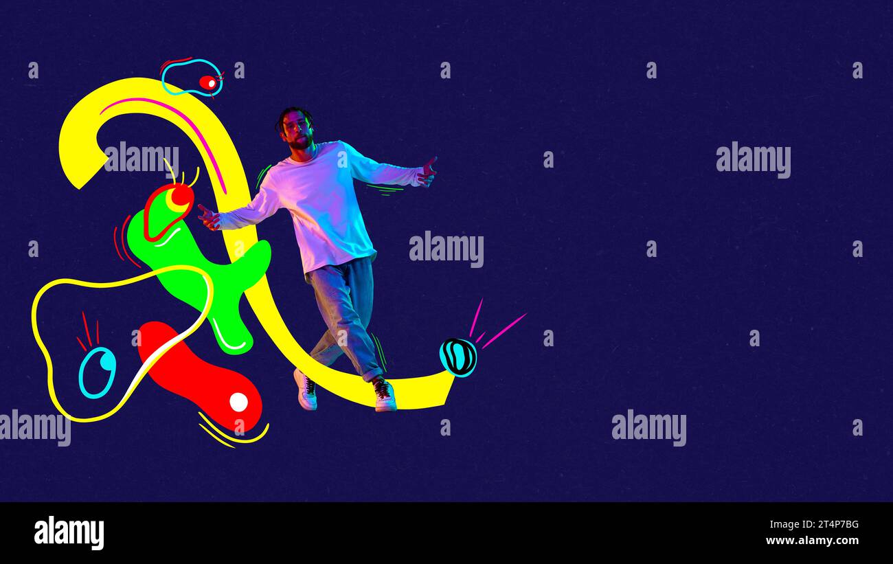 Poster. Contemporary art collage. Man dancer painted in neon filter ...