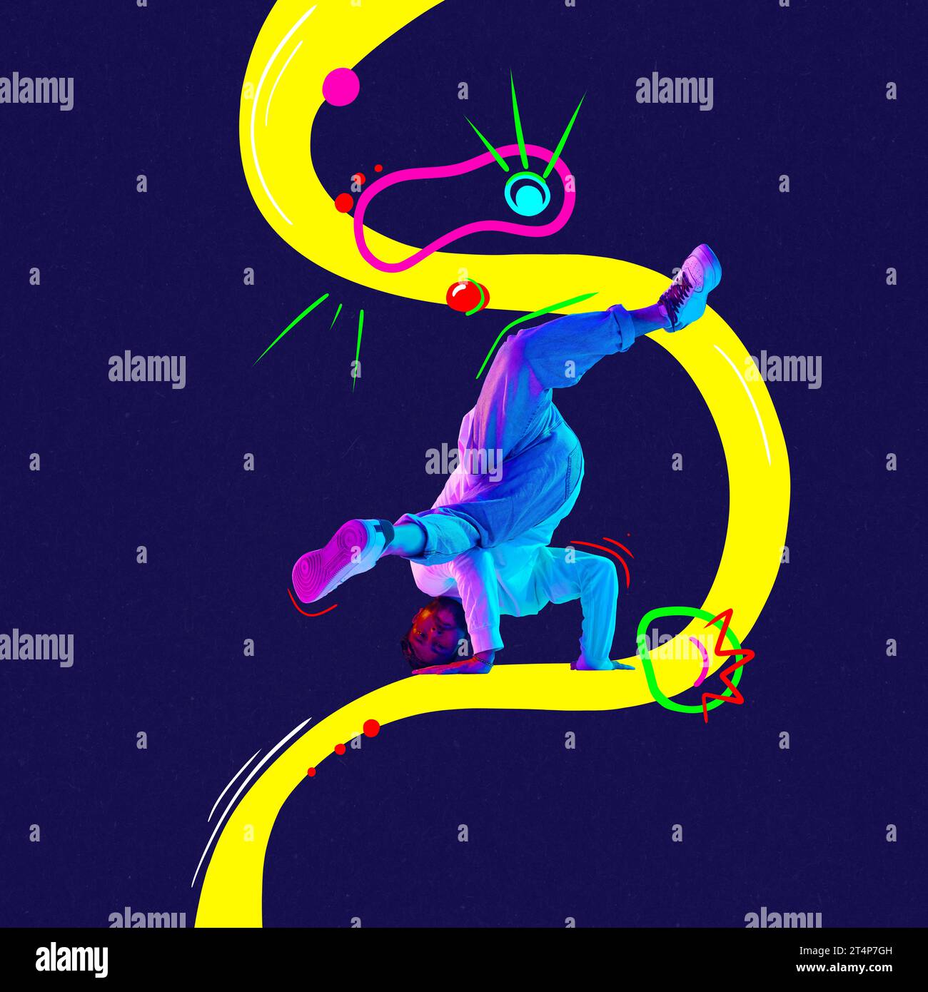 Poster. Contemporary art collage. Young man painted in neon filter, light dancing hip-hop ...