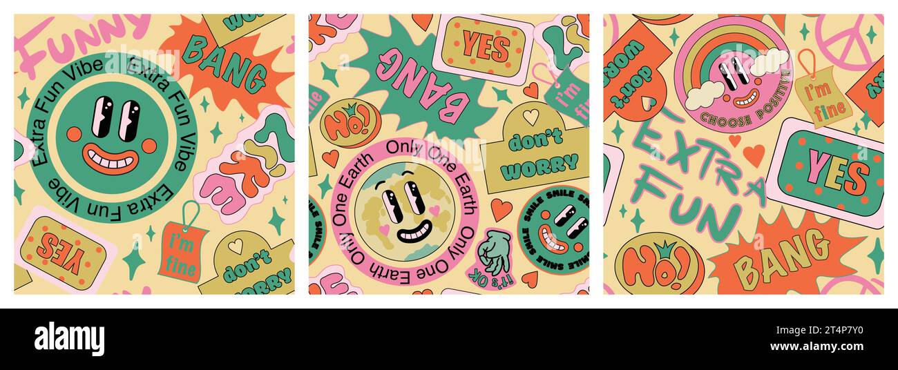 90 Cool Sticker Collage Seamless Pattern Set Funny Neon Print With