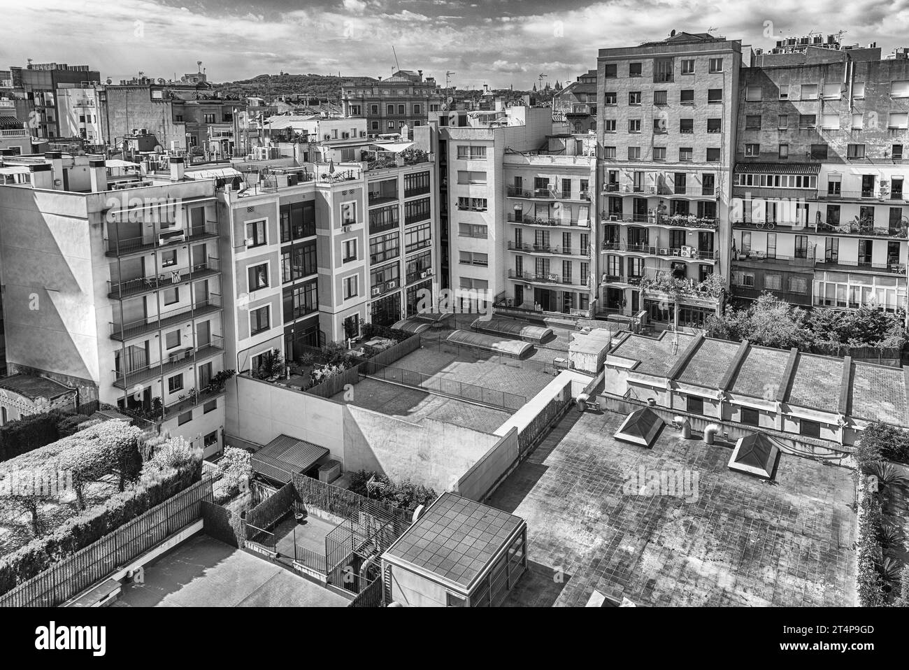 Aerial view over an inner courtyard in the Eixample district, Barcelona ...