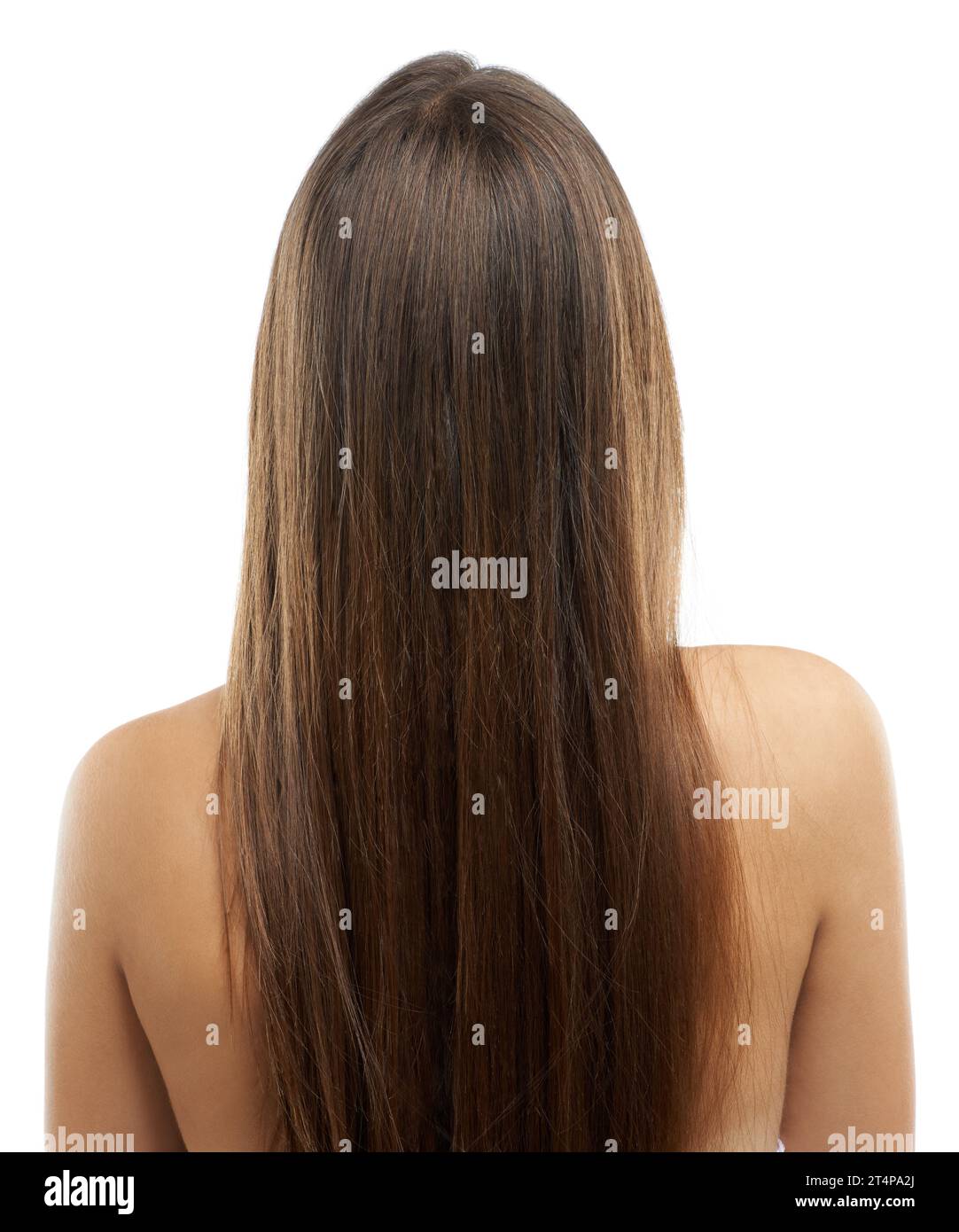 Hair, woman and treatment in studio with back view for mock up on white ...